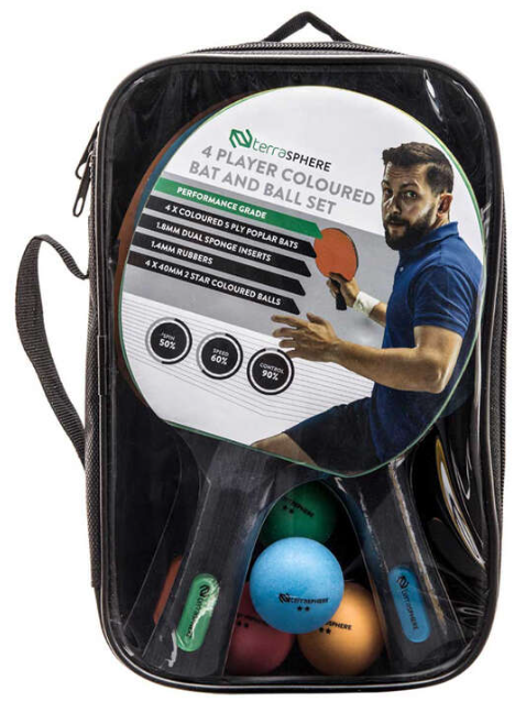 Terrasphere 4 Player Coloured Bat Table Tennis Set